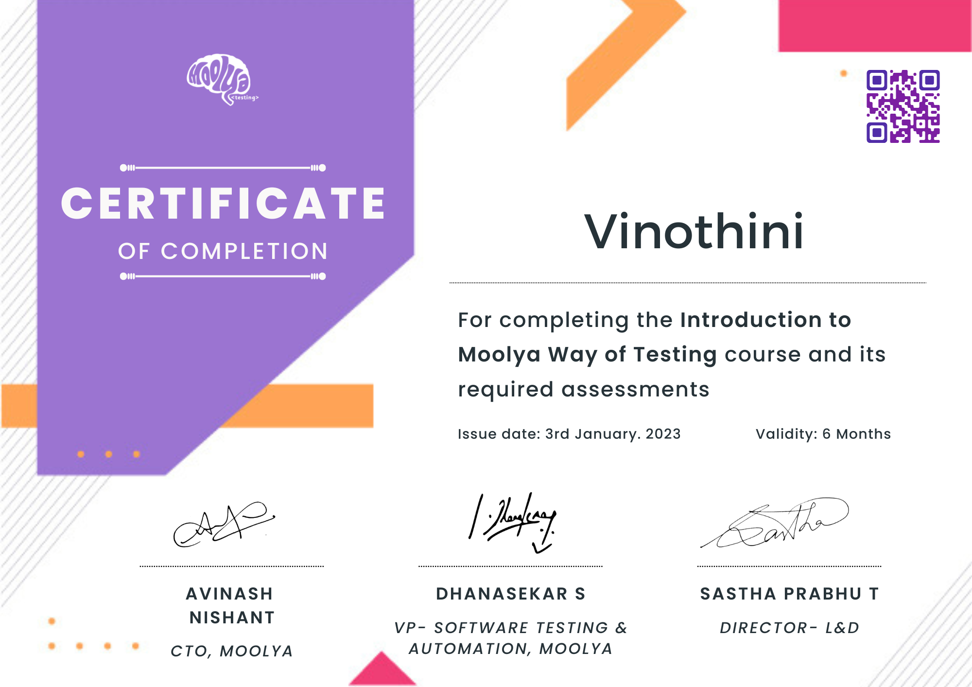 Certification Vinothini